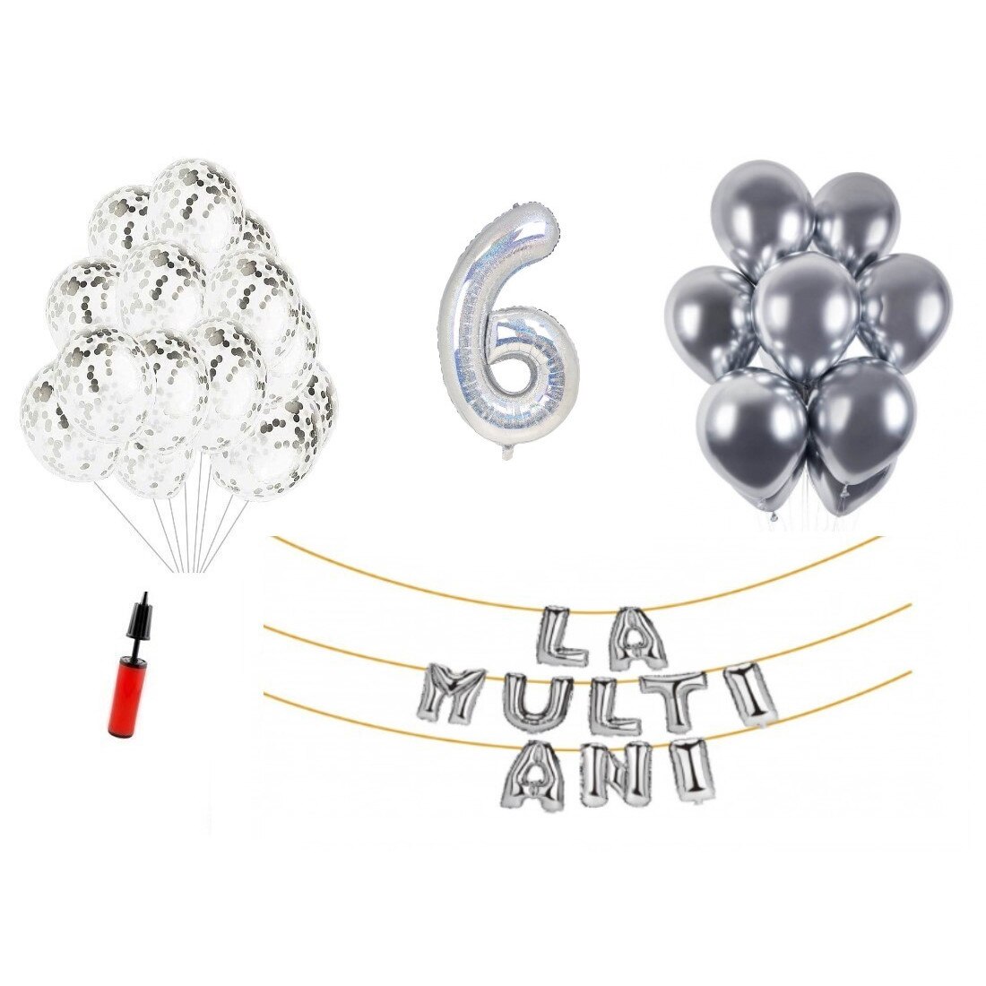 Set 32 piese, baloane La Multi Ani aniversare 6 ani, cifra folie 100 cm ...
