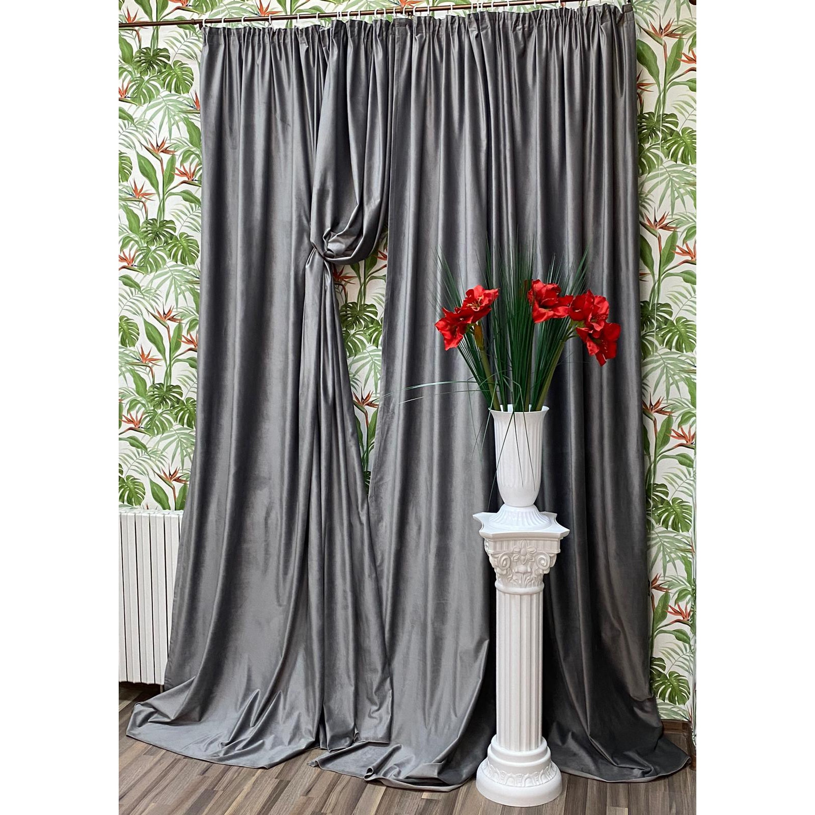 Set draperii catifea, culoare gri deschis, din colectia "Velvet by Liz ...