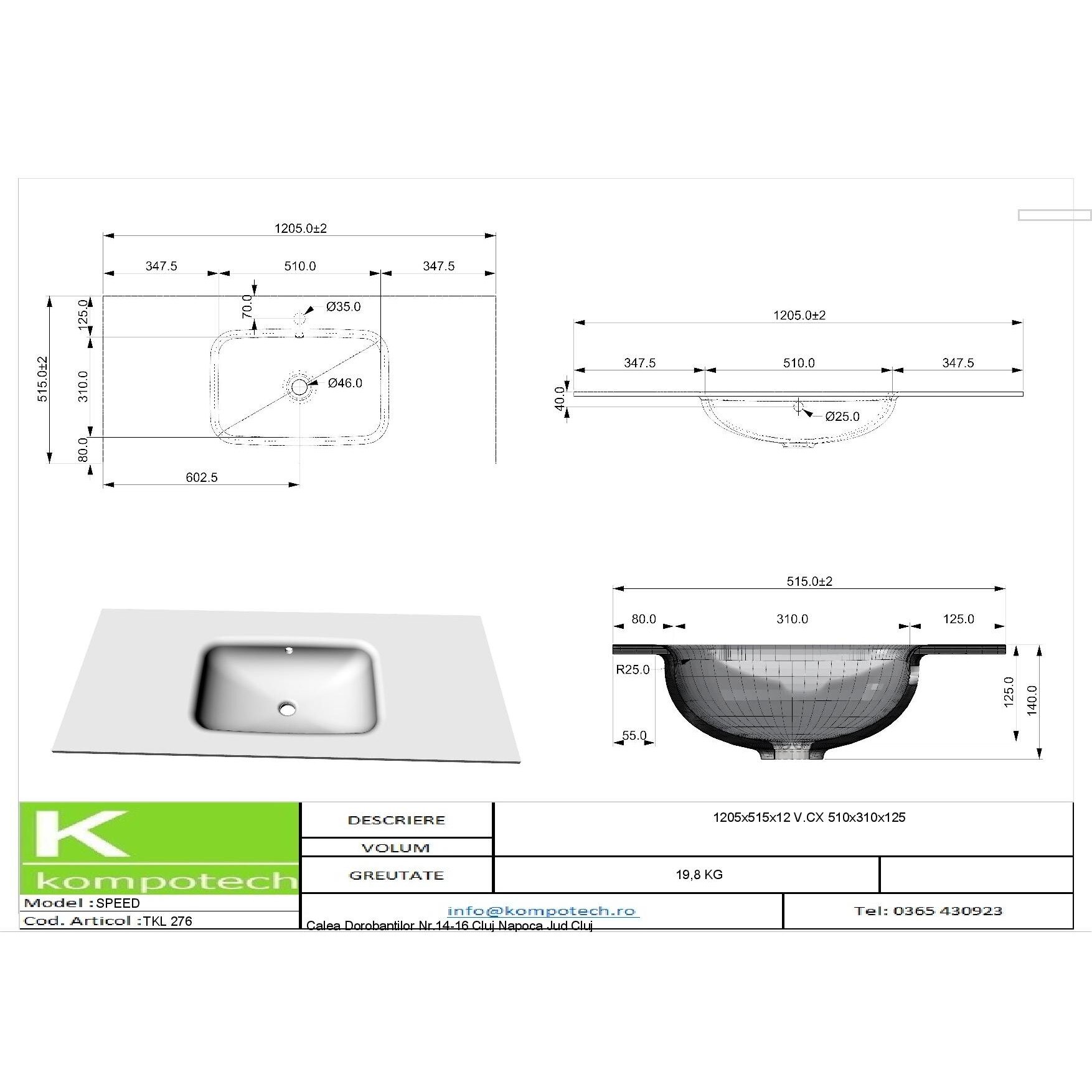 Lavoar compozit pentru mobilier baie 1205 x 515 x 12 V.CX 510 X 310 X ...