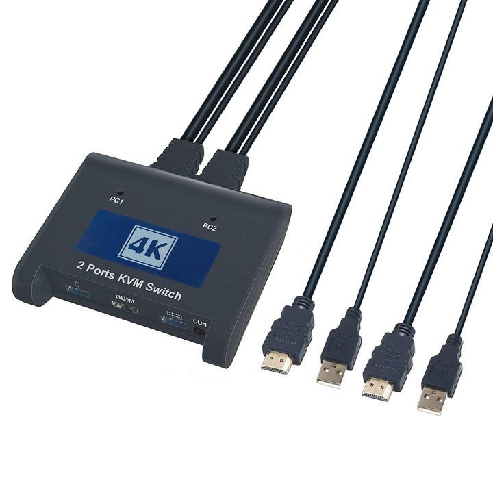 Switch HDMI KVM, 2 porturi PC USB cu cabluri pentru 2 computere ...
