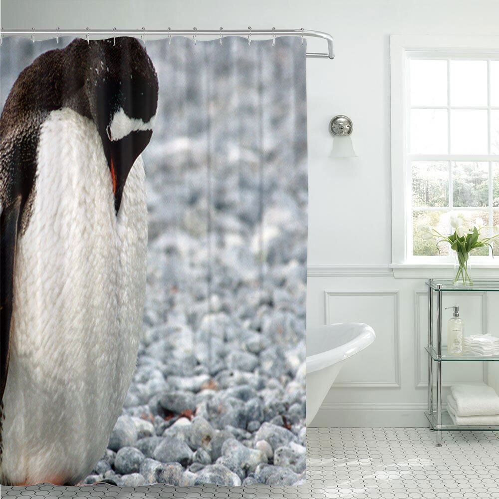 Perdea Dus Cada pentru Baie Art Factory, Pinguin pe pietre, 150 x 200 ...