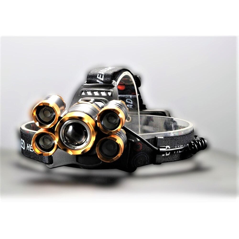 Lanterna Frontala de Cap, 5 LED-uri, Zoom, IPX6, Aluminiu, 2 Acumulatori 18650, 5 x T6X Led Cree ...