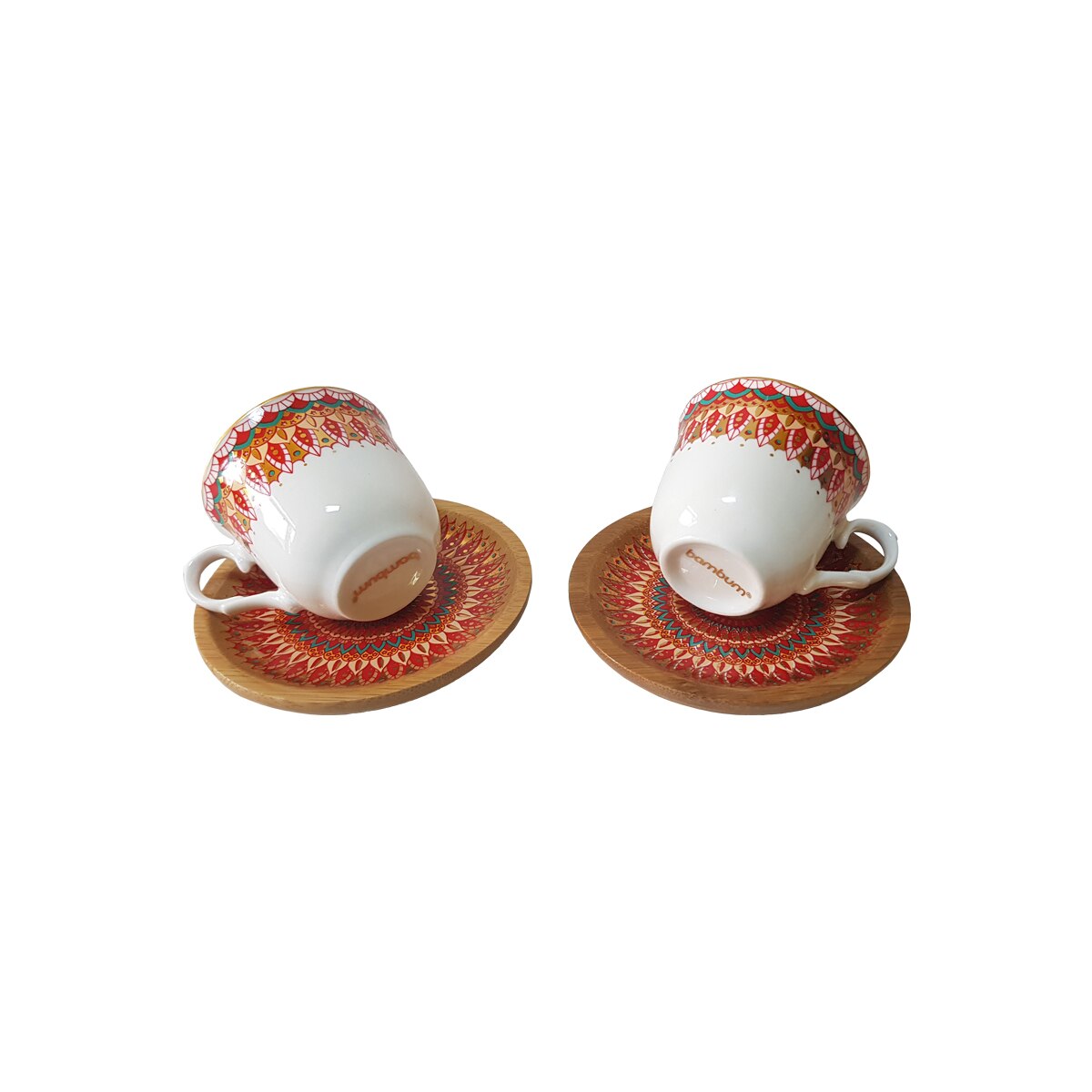 Set 2 cani pentru cafea turceasca, din portelan cu suport din bambus ...