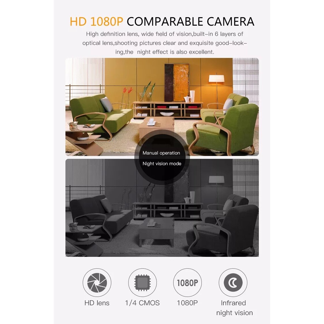 Camera de supraveghere, Mini Colacam, WiFi, Vedere de noapte, HD, 1080 ...