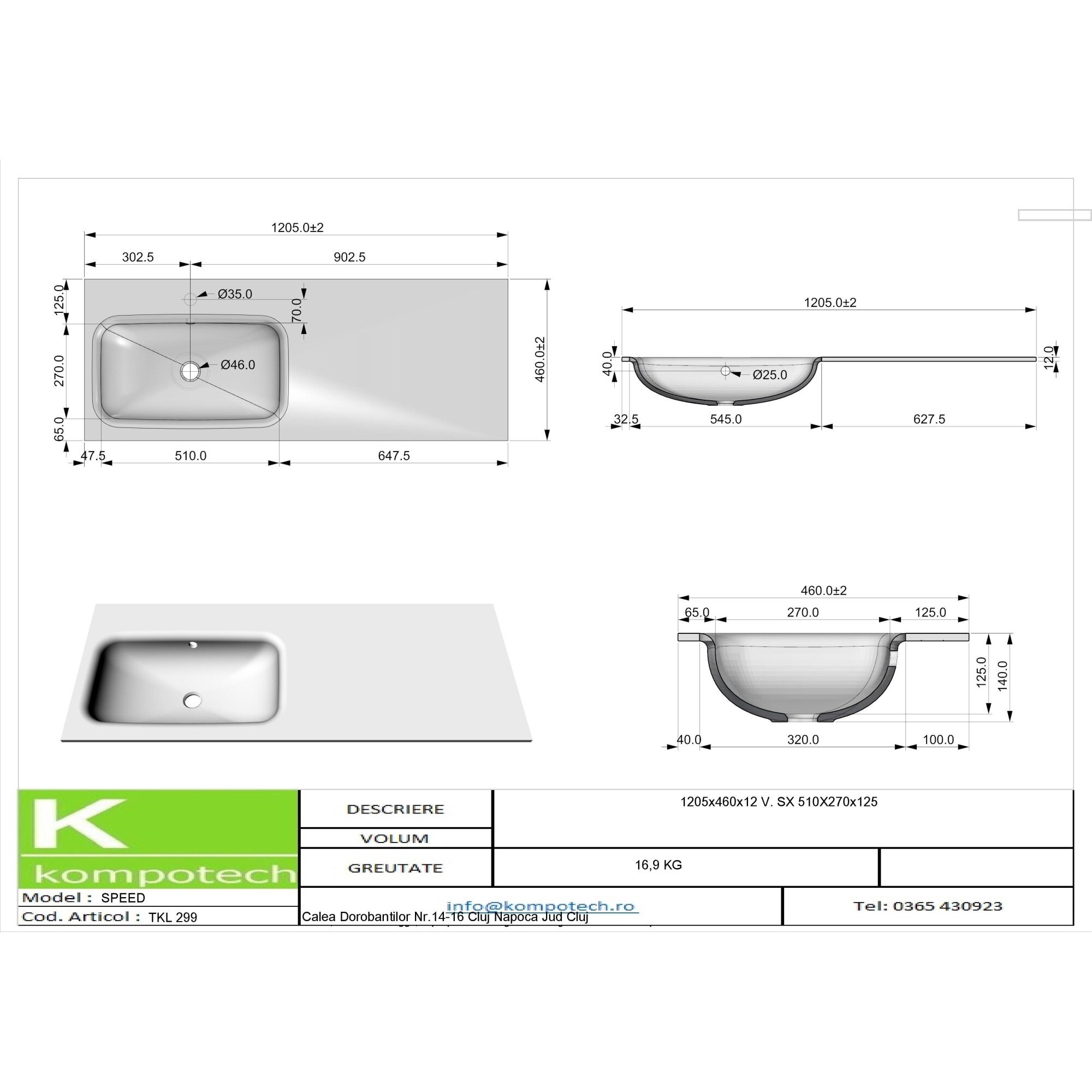 Lavoar compozit pentru mobiler baie 1205 x 460 x 12 V.SX 510 X 270 X ...