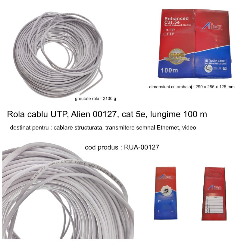 Rola cablu UTP, Alien 00127, cat 5e, lungime 100 m, AWG 24, CCA, de ...
