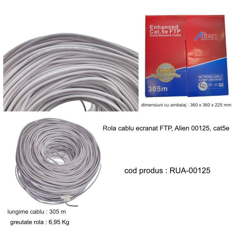 Rola cablu FTP, Alien 00125, cat5e, lungime 305 metri, CCA, AWG 24, de ...