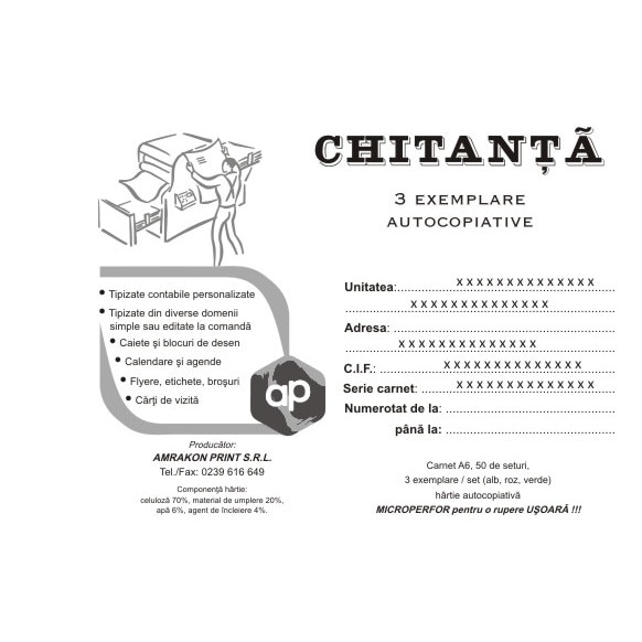 Set Chitantiere A6 personalizate si numerotate, Amrakon Print, 150 file ...