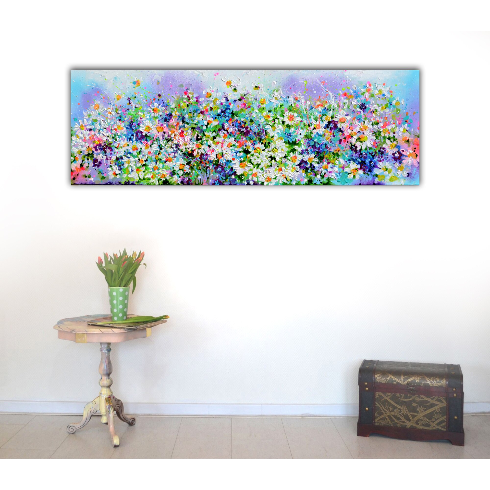 Tablou floral, pictura cu flori de nu ma uita, de primavara, margarete ...