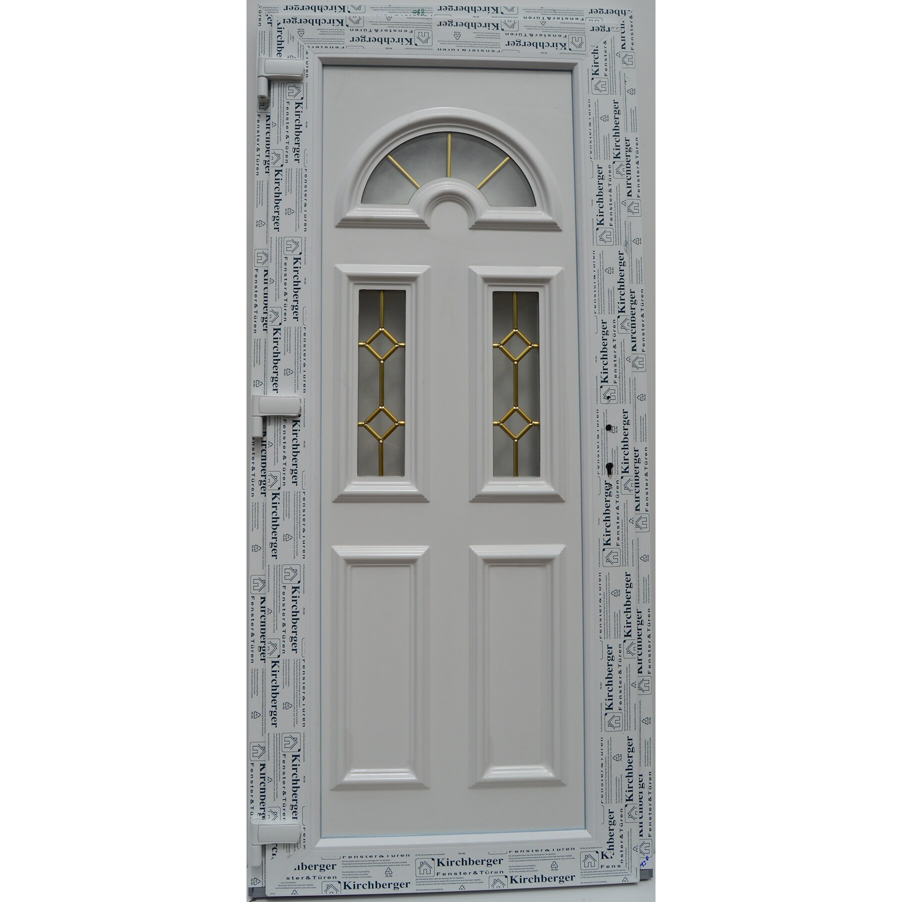 Usa exterior termopan(PVC) Kira (inseratii gold), culoare alb ...