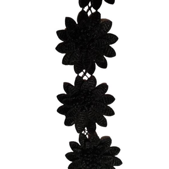 Panglica textila decorativa, poliester 100%, flori crosetate negre, 1m ...