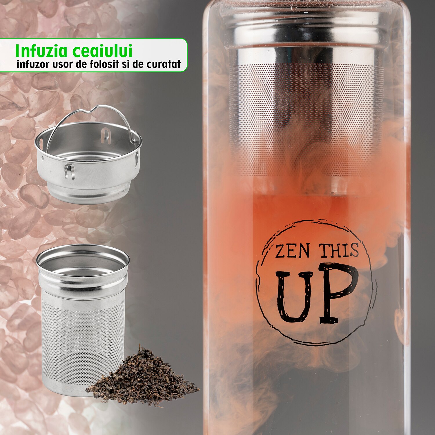 Sticla Cristale Naturale Quartz Roz cu Capac Inox, ZenThisUp, 500 ml ...