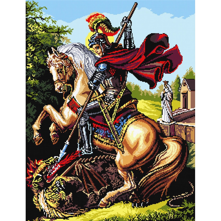 Goblen Sfantul Gheorghe si balaurul, Hudemas, kit cu diagrama alb negru, cu fire mouline 23x30cm ...