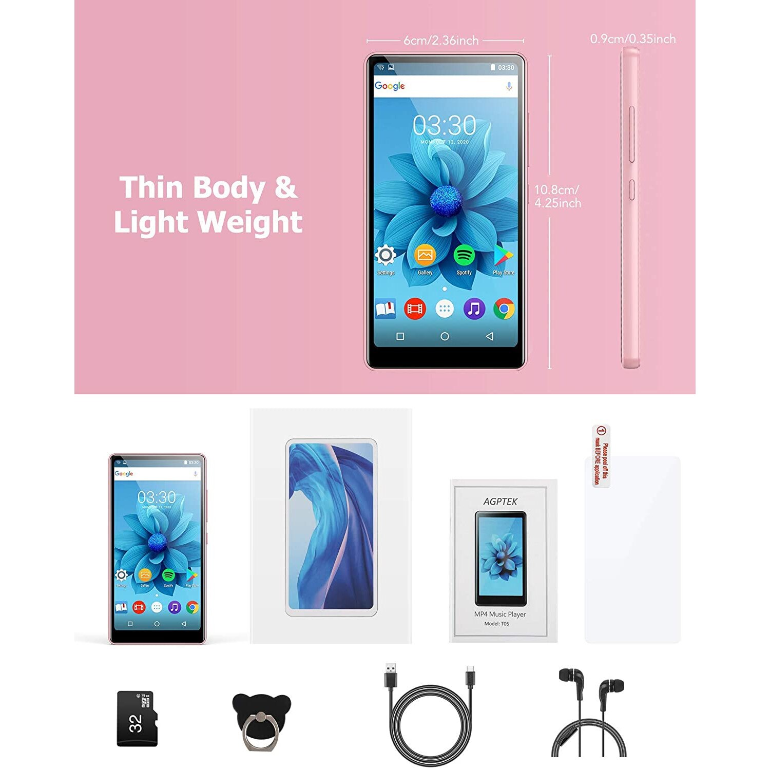 MP4 Player Portabil Agptek, ecran 4 inch, Android, WiFi, Bluetooth, Roz ...