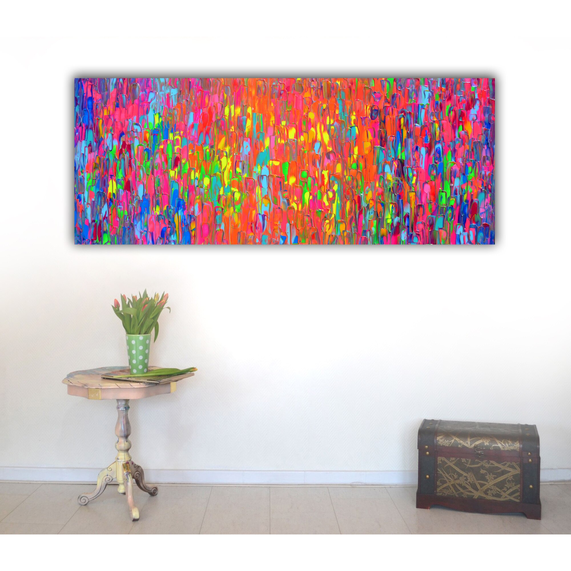 Tablou mare, pictat manual, cutit de paleta, reliefuri inalte, colorat ...