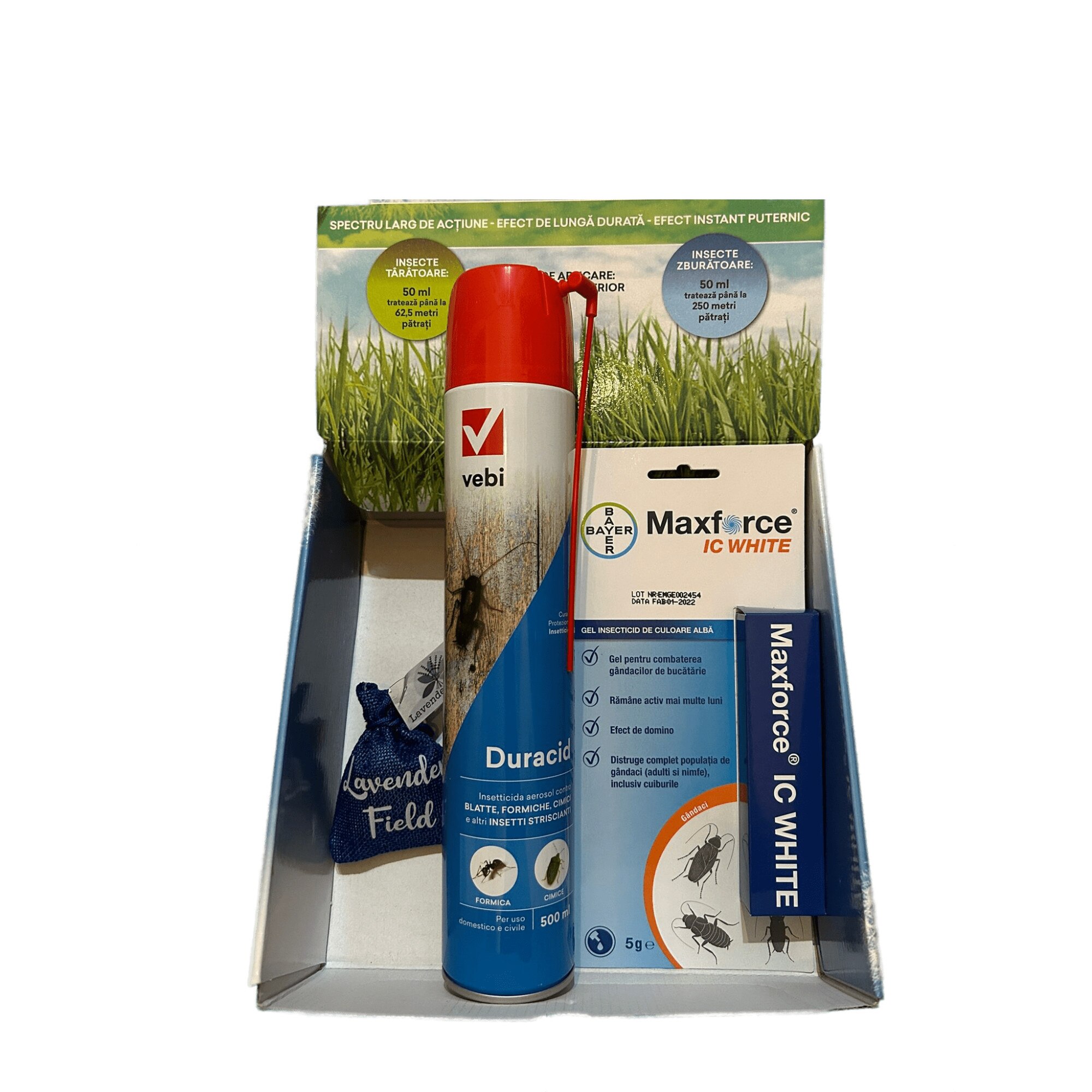 Set insecticid Duracid Vebi 500 ml si Maxforce gel Bayer 5 gr si Sac lavanda LF 10 gr anti ...