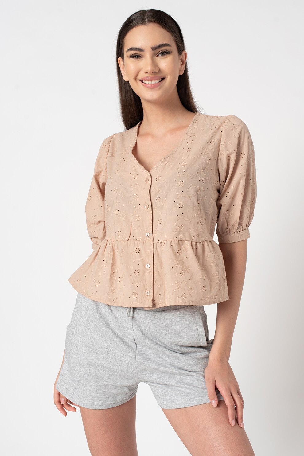 Haily's, Camasa cu decolteu in V si peplum Emmi, Maro camel, XL - eMAG.ro