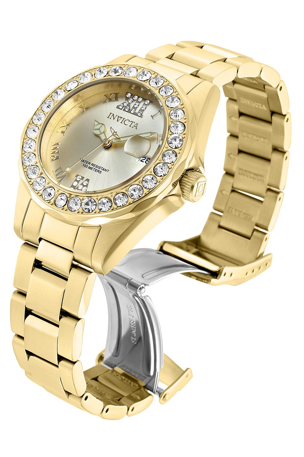 Invicta, Часовник с циркони и метална верижка, Златист - eMAG.bg