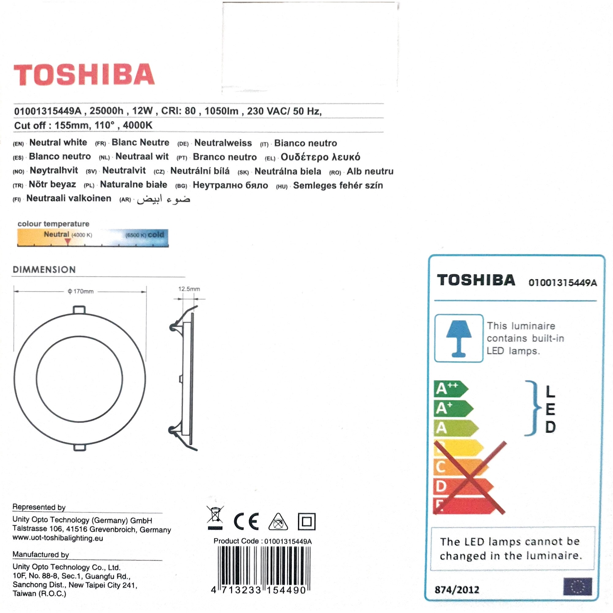 LED Panel rotund Toshiba, 12W, 170mm, 25000h, 4000K, 230V - eMAG.ro