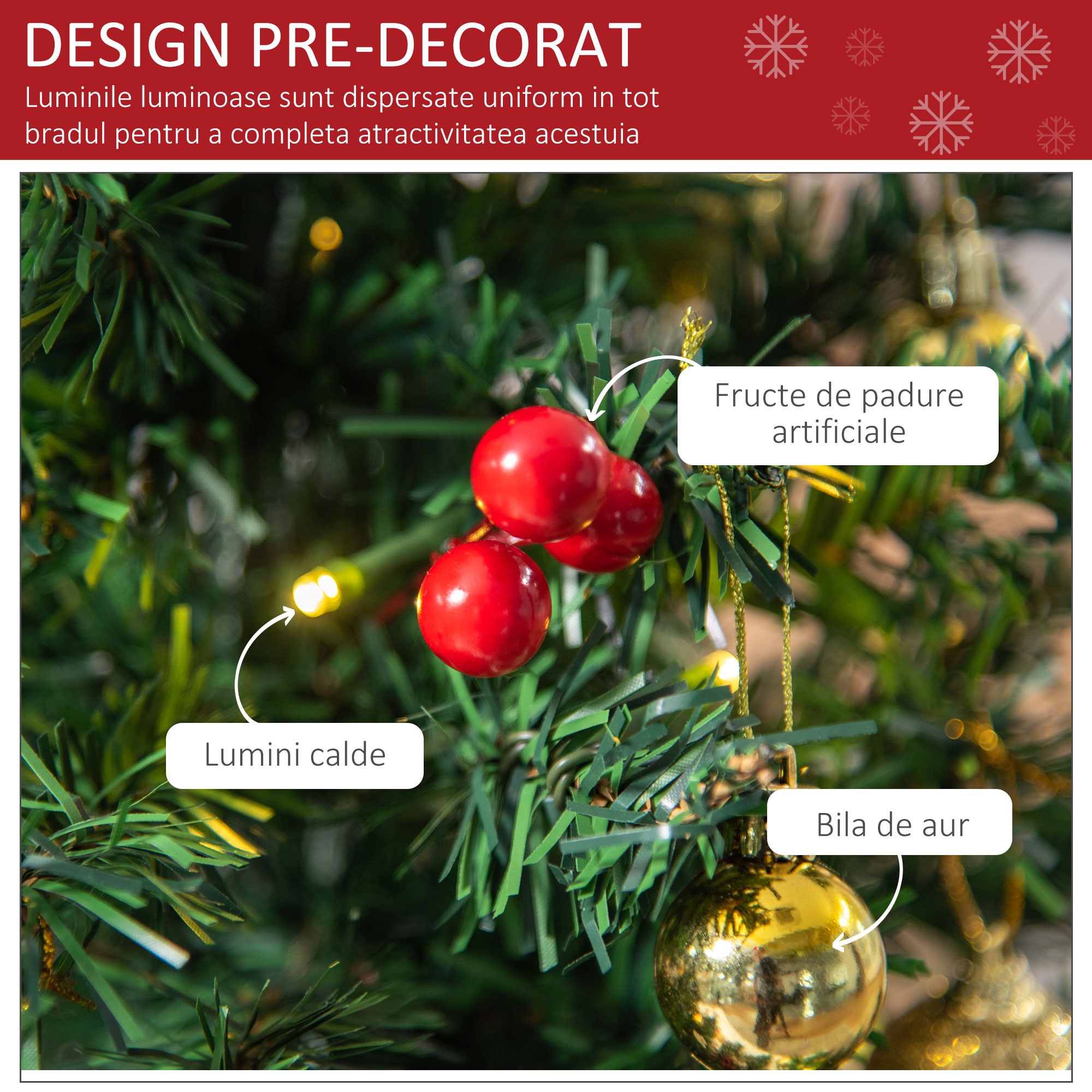 Mini Brad de Craciun, Homcom, cu 15 Led Alb Calzi si Decor, Ф40x60 cm ...