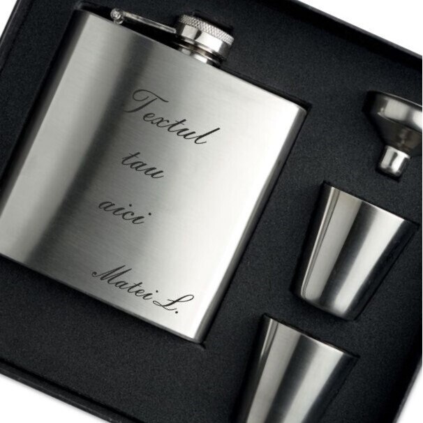 Plosca metalica personalziata, Inox satinat, 175ml, cu doua paharele si ...