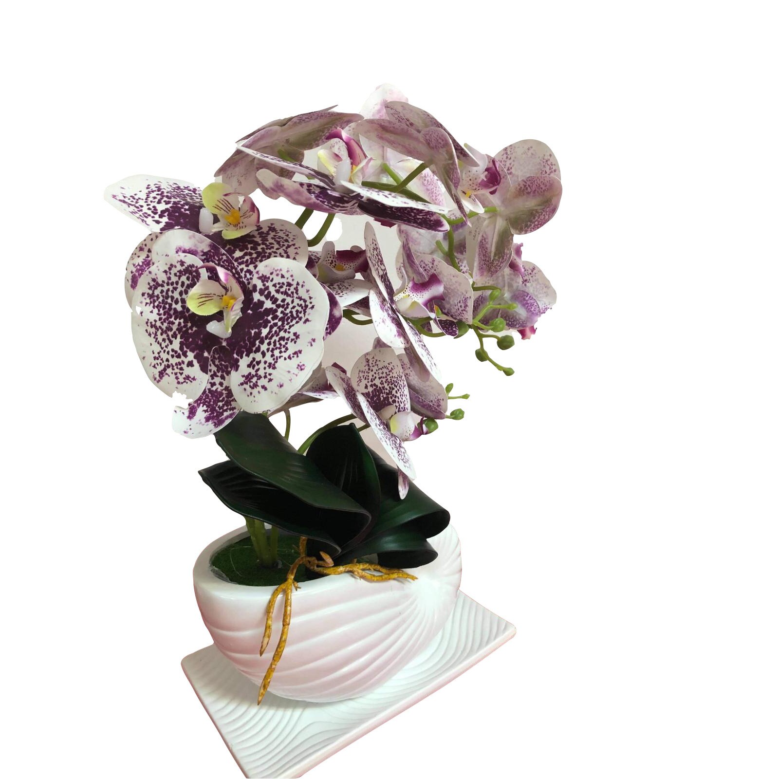 Orhidee artificiala, Alba cu picatele mov, Vas de ceramica in forma de ...