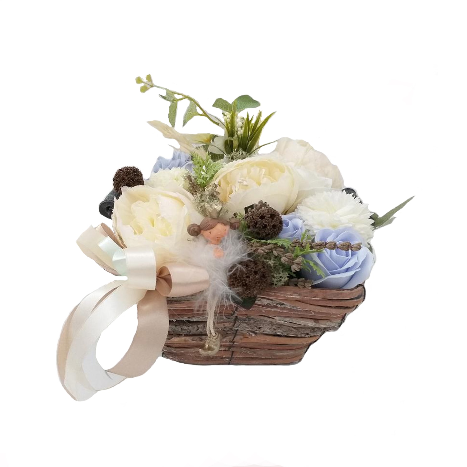 Aranjament floral sidefiu, in cos lemn antichizat, cu zana - eMAG.ro