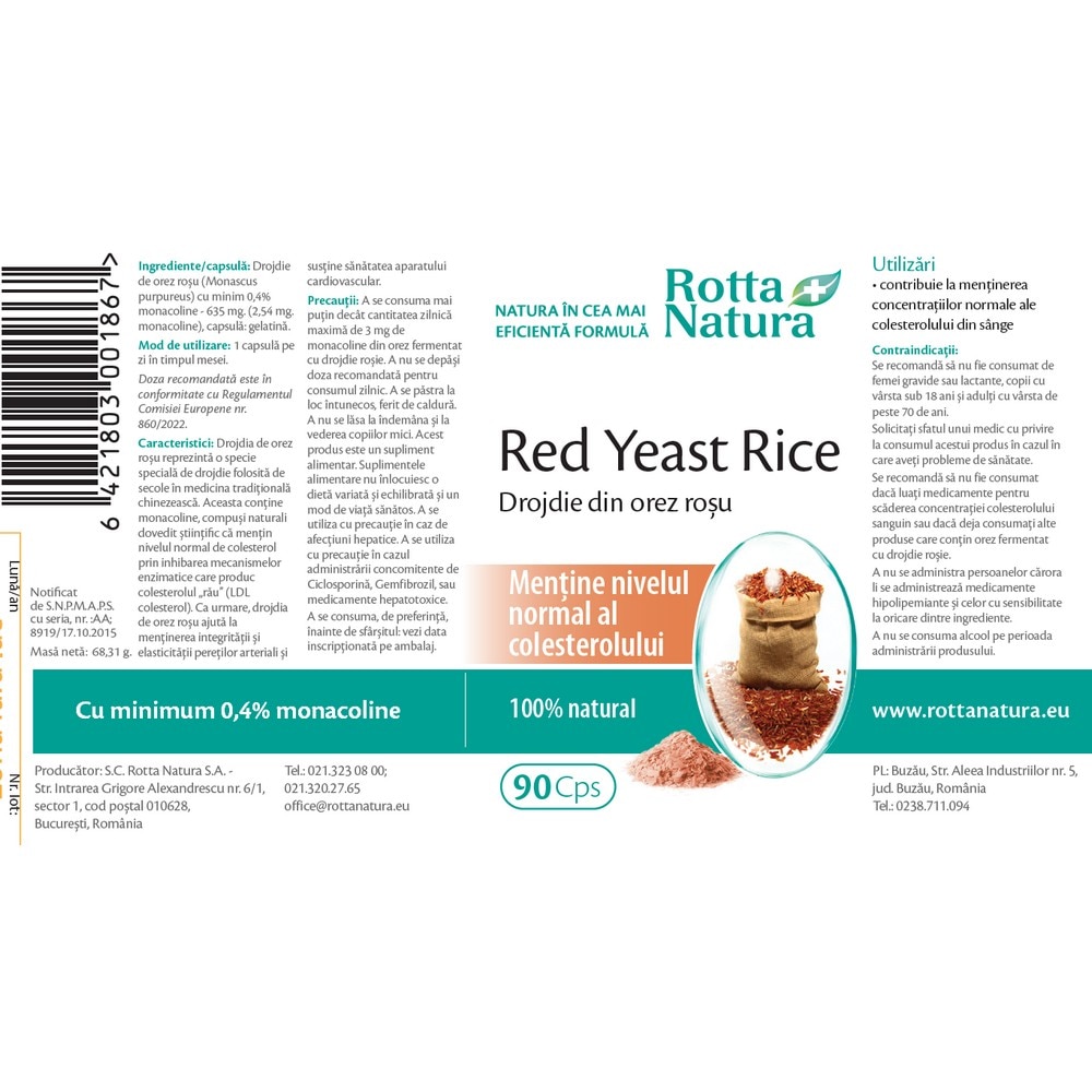 Red Yeast Rice 635 mg, Rotta Natura, 90 capsule - eMAG.ro