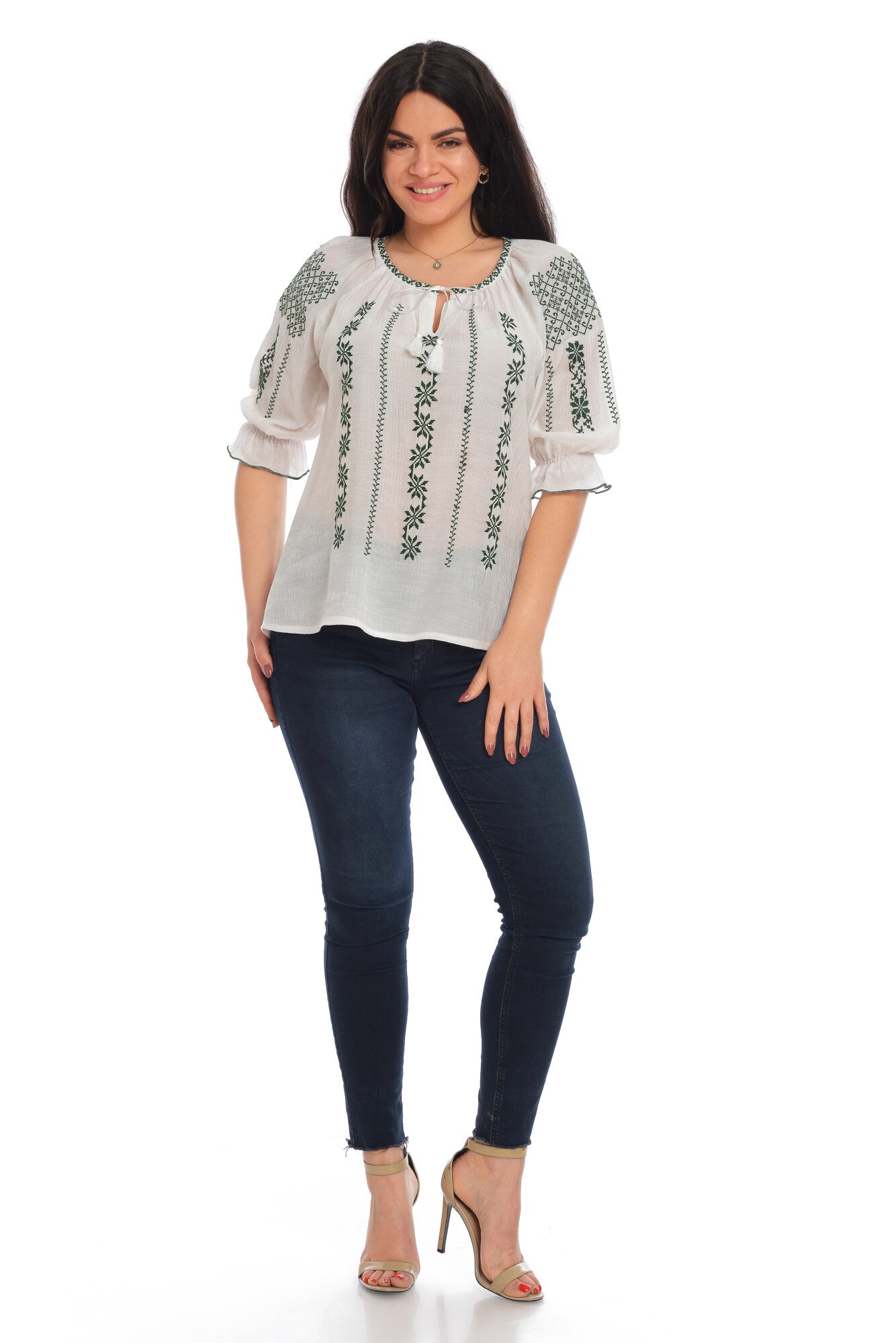Ie moderna romaneasca, alba, broderie verde, Dress To Impress, marimea ...