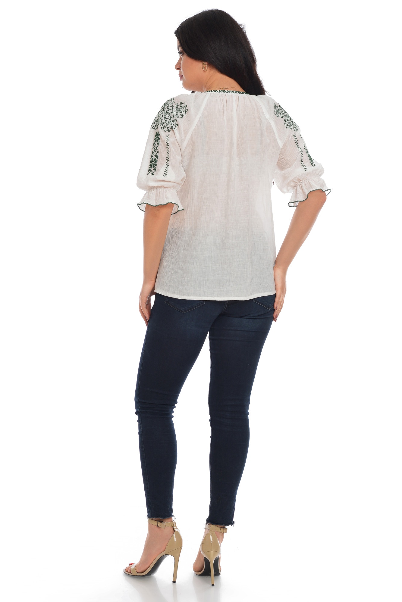 Ie moderna romaneasca, alba, broderie verde, Dress To Impress, marimea ...