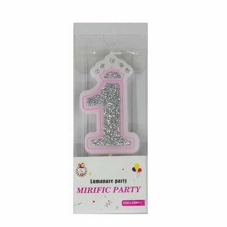 Lumanare coroana sclipici, cifra 1, roz, 6 cm - eMAG.ro