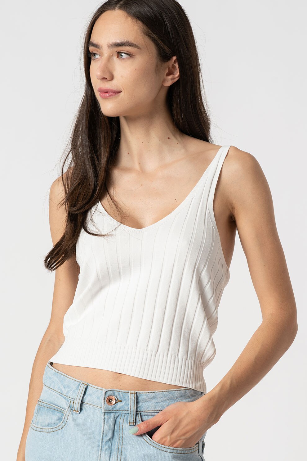 Only, Top cu decolteu in V si aspect striat Selma, Alb, S - eMAG.ro