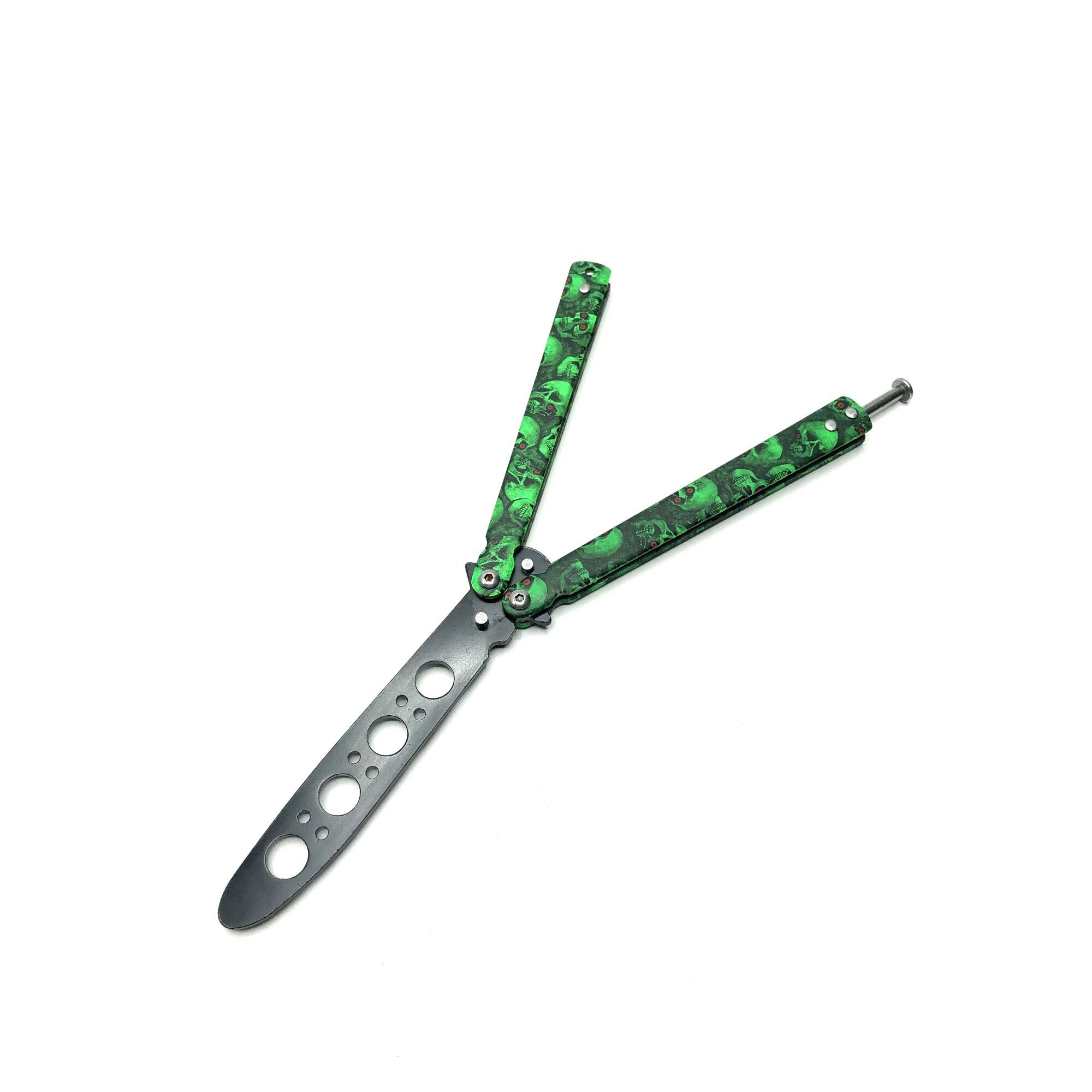 Cutit fluture Butterfly, Balisong 22 cm, verde, cranii, fara tais, de ...