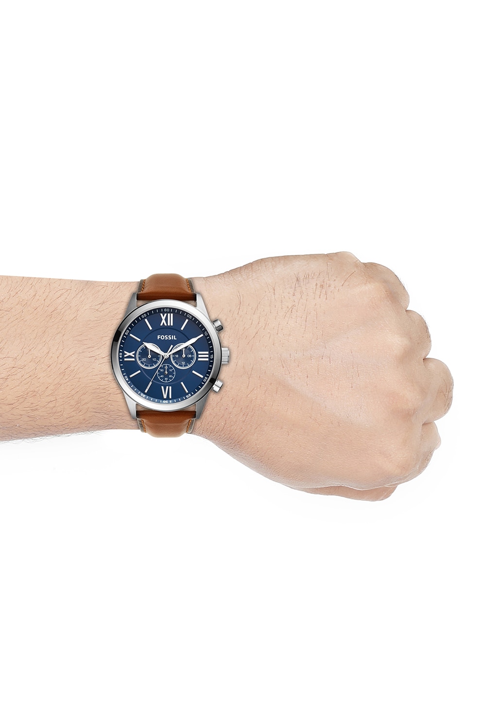 Fossil, Ceas cronograf cu o curea de piele, Maro scortisoara/Argintiu ...