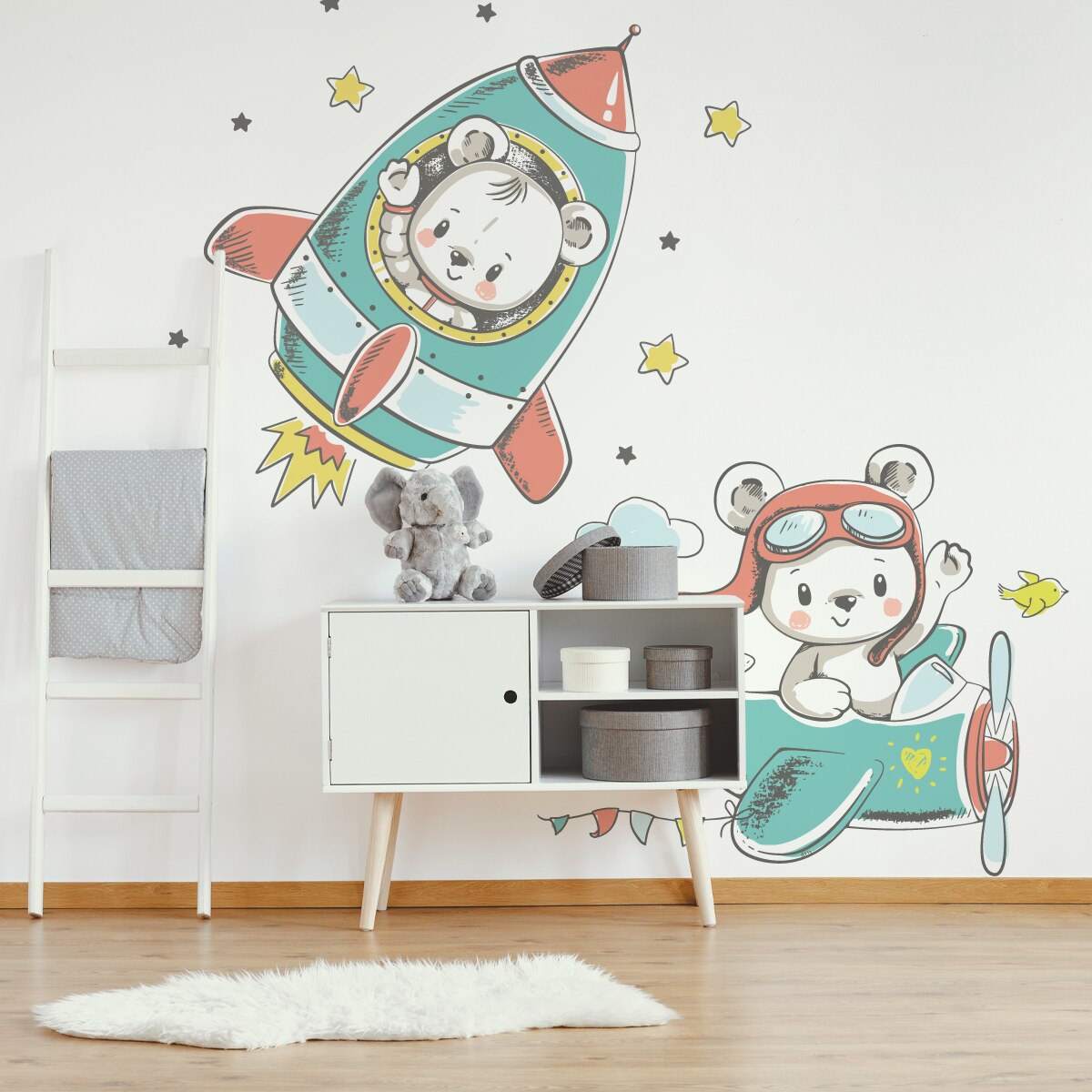 Set Abtibilduri 2 ursuleti colorati avion 50cm x 100cm Autoadeziva ...