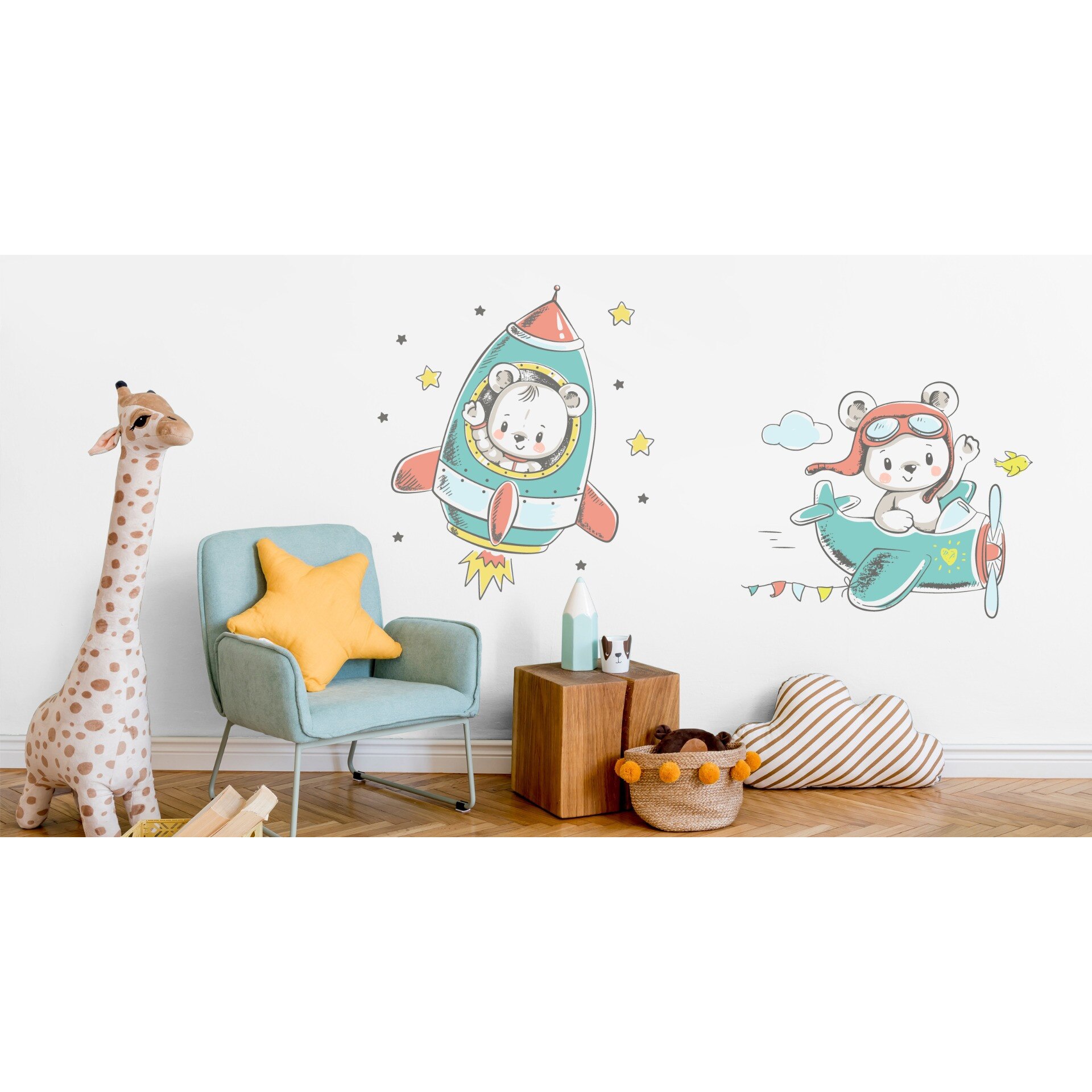 Set Abtibilduri 2 ursuleti colorati avion 50cm x 100cm Autoadeziva ...