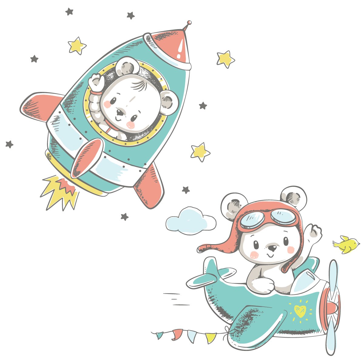 Set Abtibilduri 2 ursuleti colorati avion 50cm x 100cm Autoadeziva ...