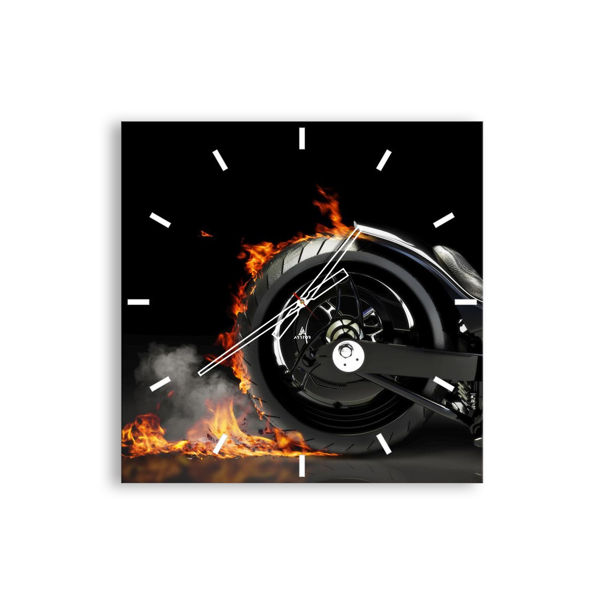 Ceas de perete din sticla 60x60 cm, Roata de Motocicleta in Flacari ...