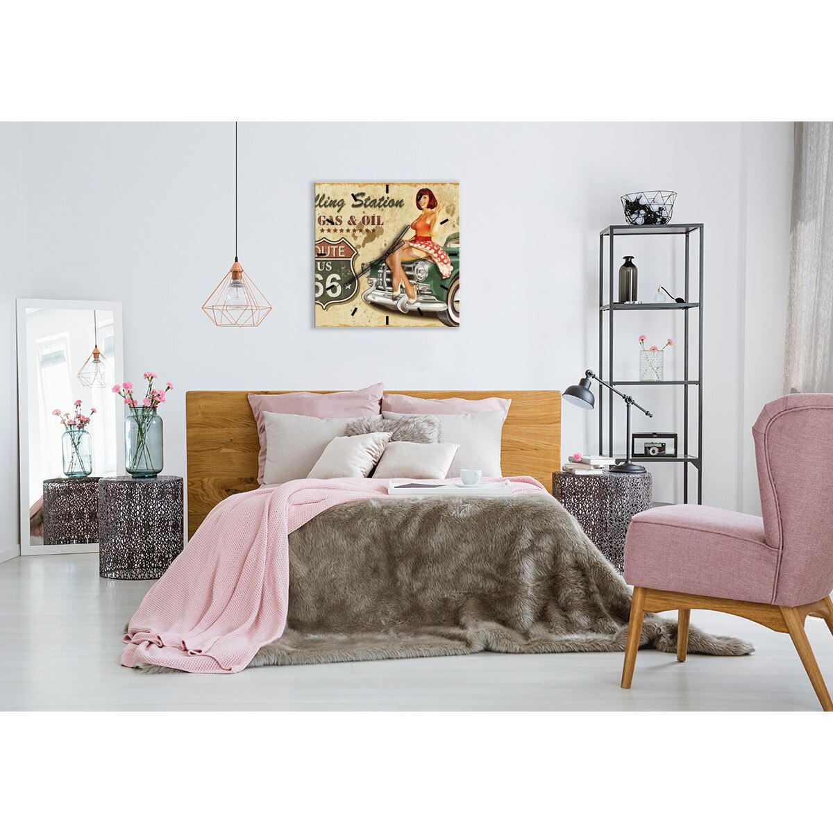 Ceas de perete din sticla 60x60 cm, Simboluri Ale Rutei 66, C3AC60x60 ...