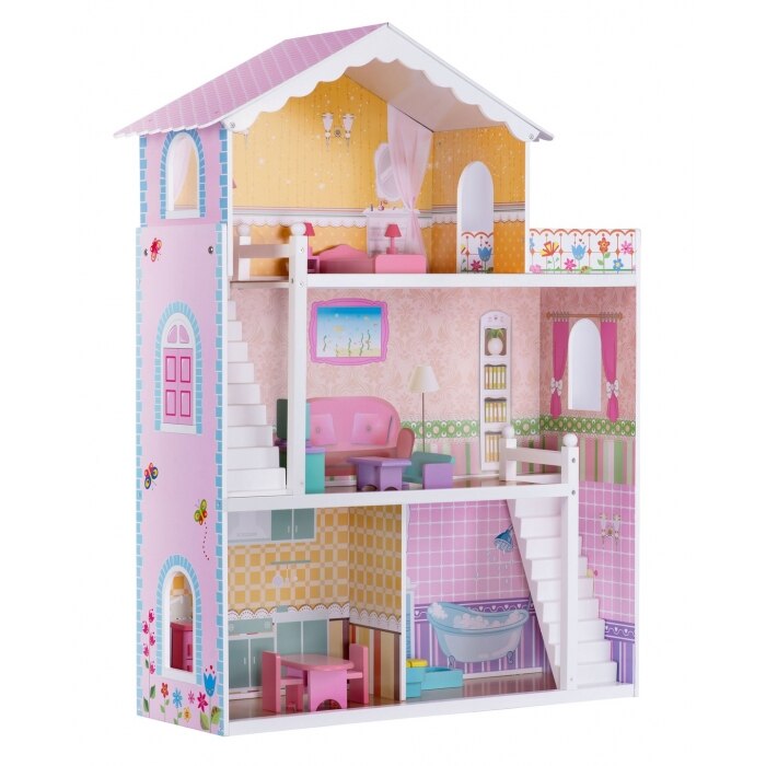 Casuta din lemn pentru papusi cu 3 etaje, mobilier si terasa ricokids ...