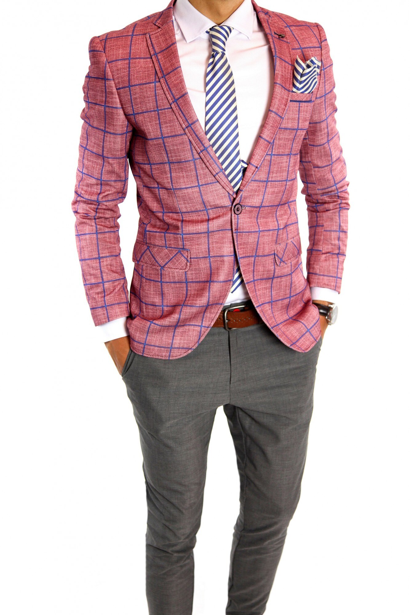 Sacou casual office, pentru barbati, roz in carouri, 52 - eMAG.ro