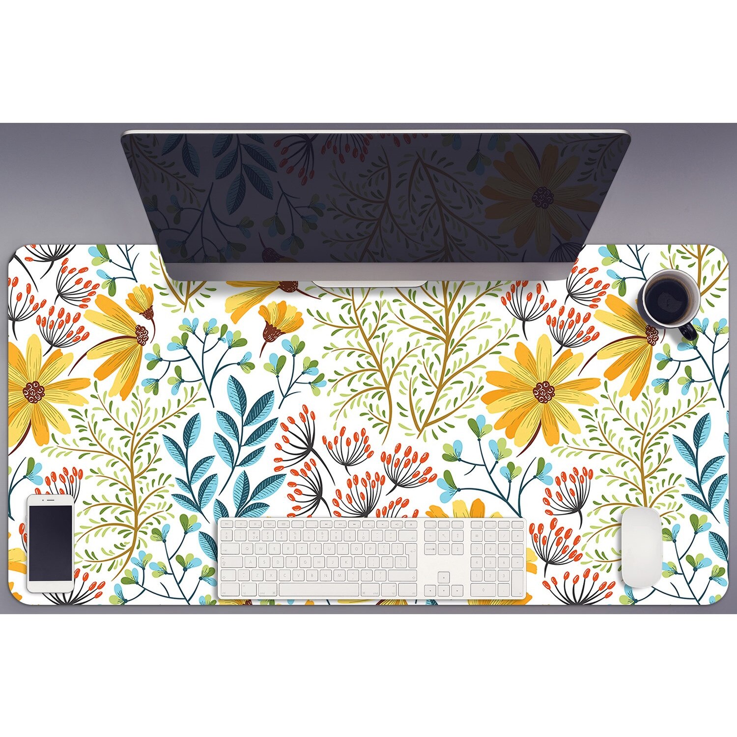 Mapa birou, din PVC, pentru protectie masa, Imagine Florala, Galben, 90 ...