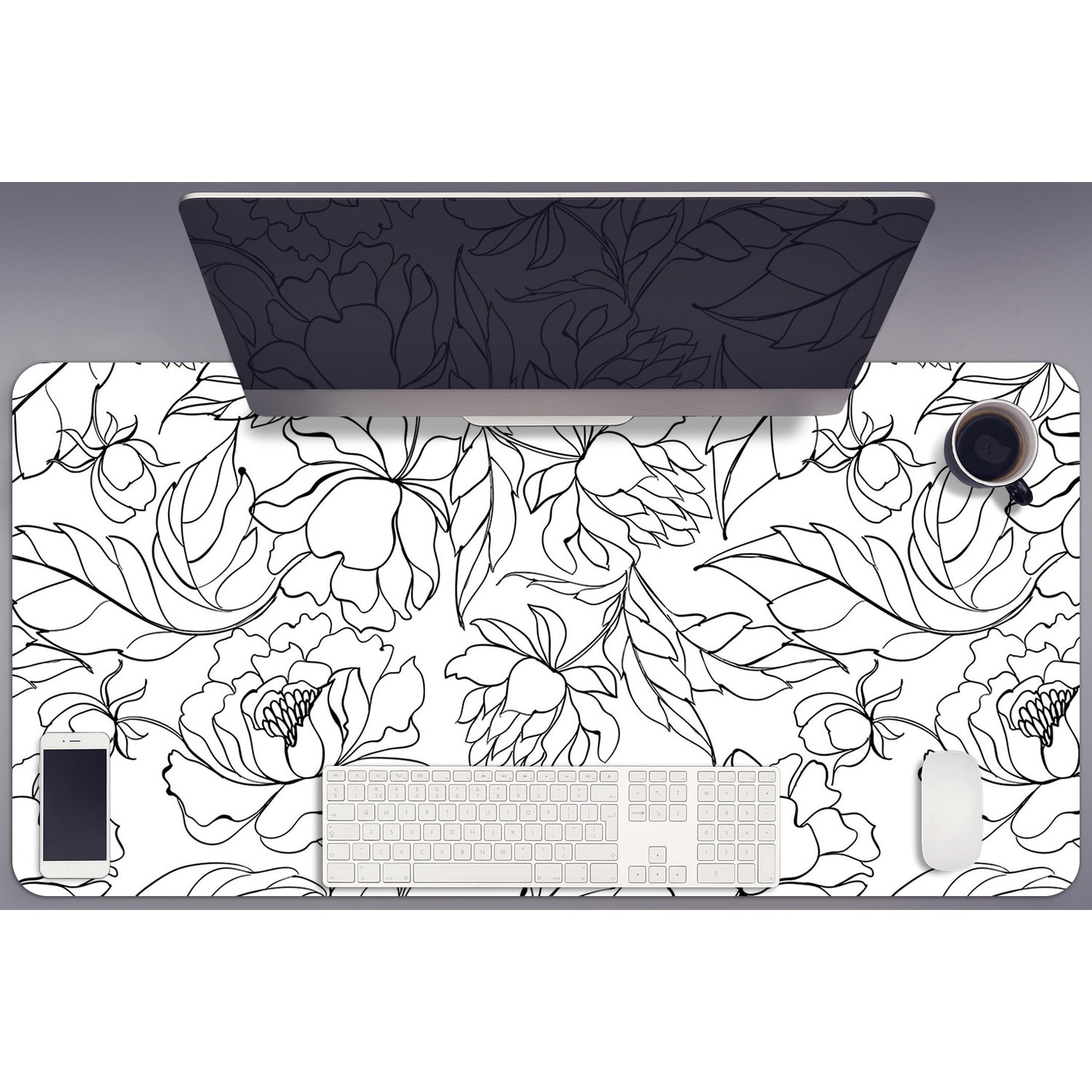 Mapa birou, din PVC, pentru protectie birou, Flori De Bujor, Alb-Negru ...