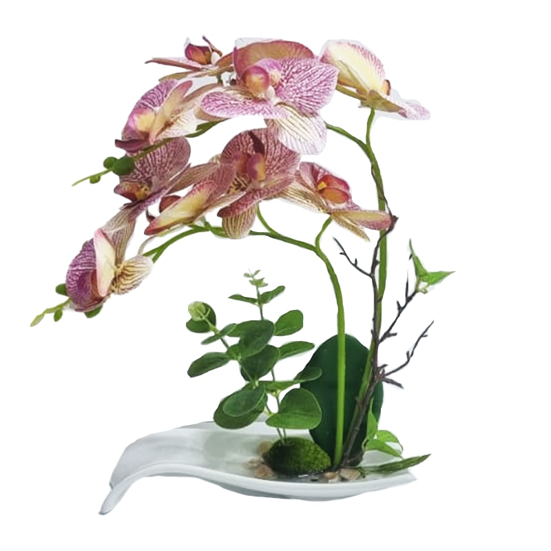 Orhidee artificiala cu aspect natural in ghiveci ceramic tip barcuta ...