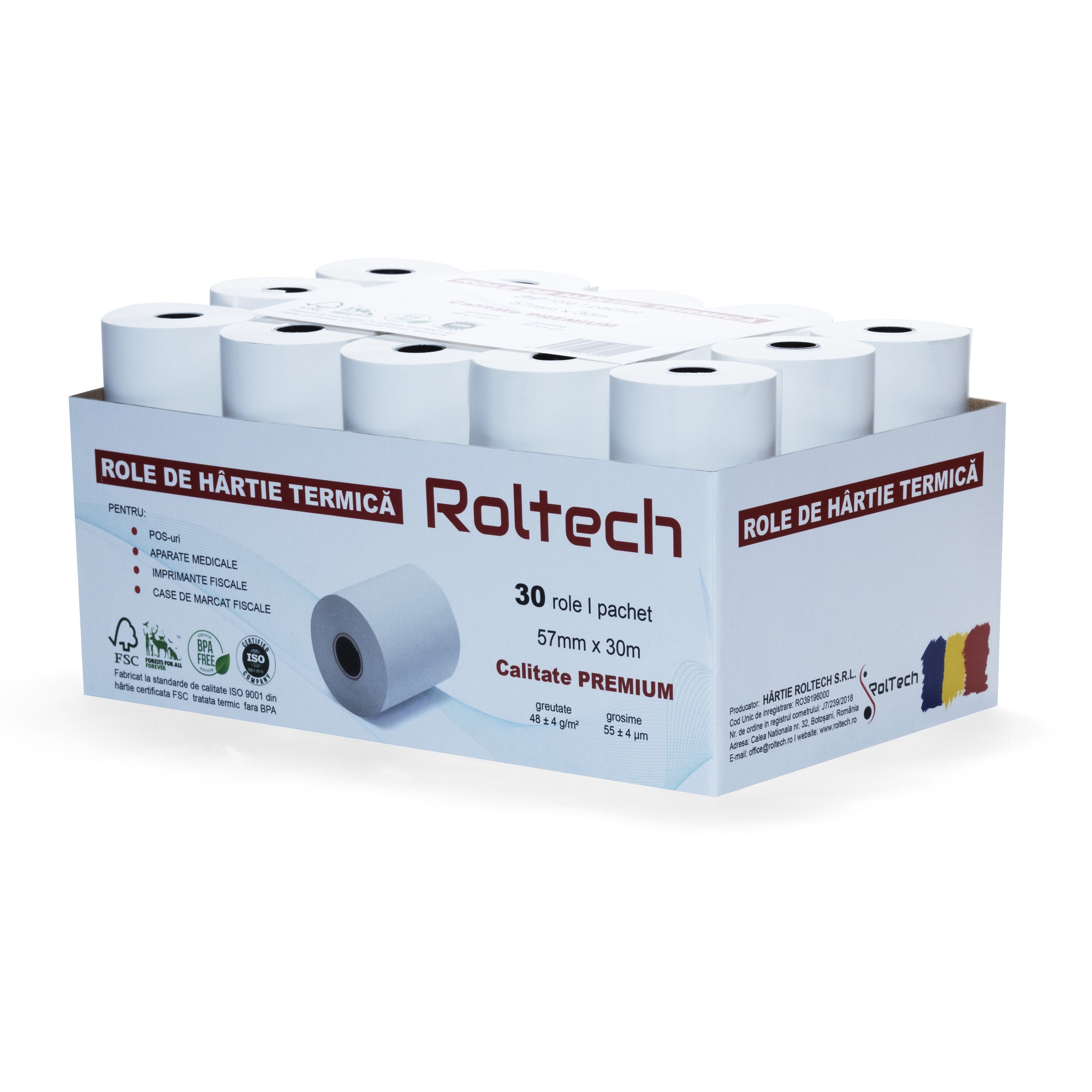 Bax 30 role, Role hartie termica ROLTECH, 57mm x 30m, tub 12mm, non-BPA - eMAG.ro