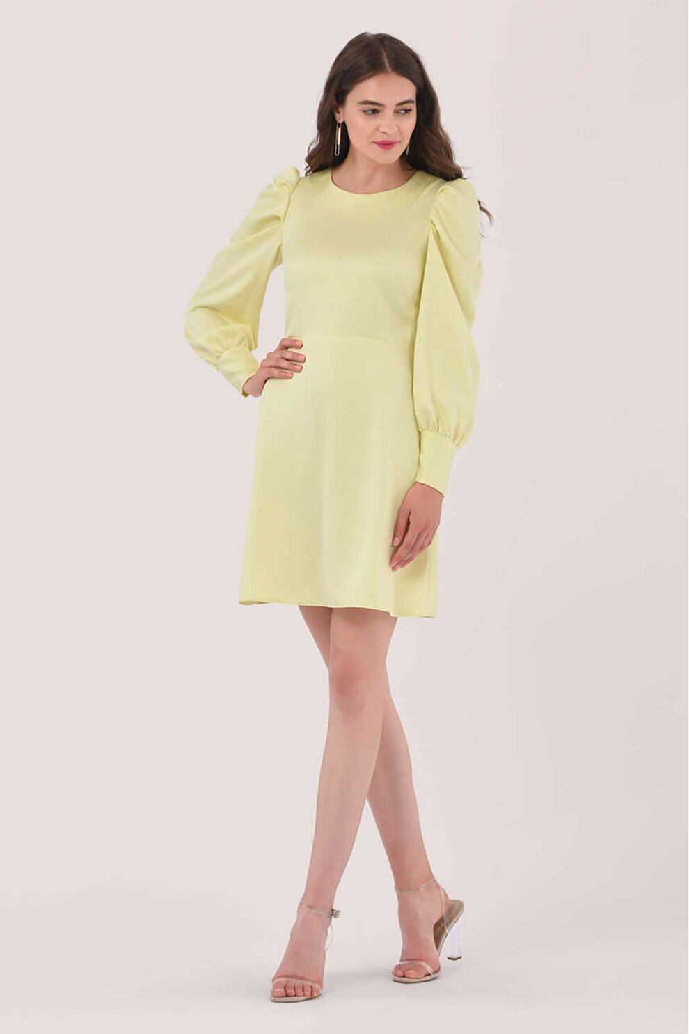 Closet LONDON, Rochie mini cu croiala in A si maneci bufante, galben ...