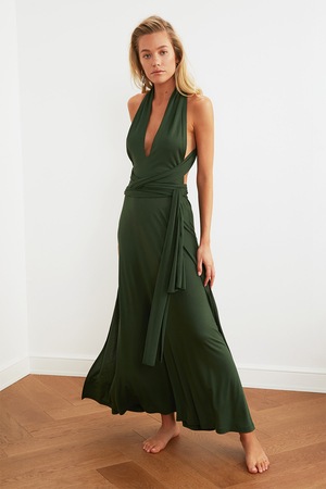 Trendyol, Rochie maxi de plaja cu decolteu halter, Verde englez, S ...