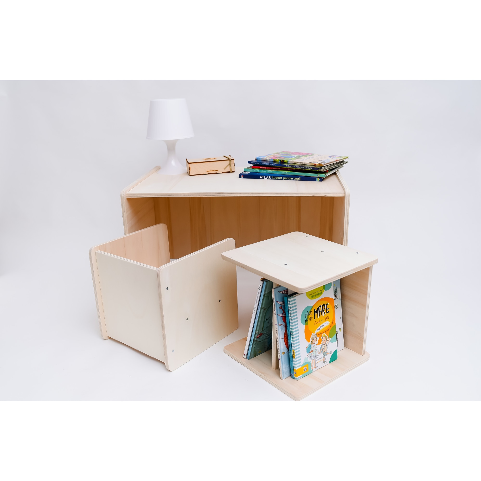 Set masa si scaune copii, din lemn, scaun forma cub, multifunctional ...