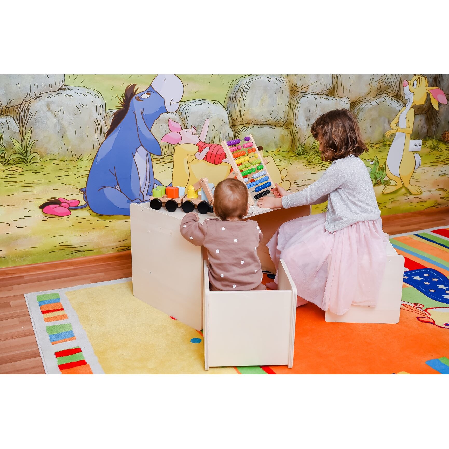 Set masa cu scaun copii, din lemn, scaun forma cub, multifunctional ...