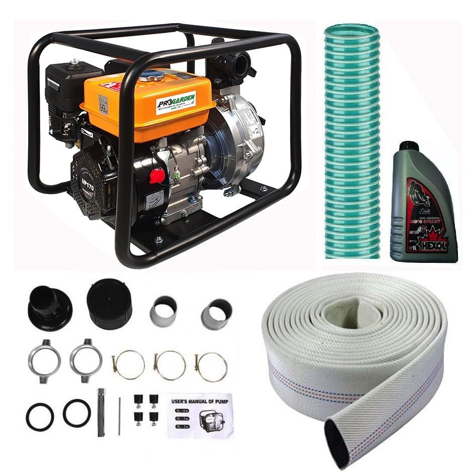 Kit Motopompa apa 2 toli, 4.1 Kw, 25 m3/h, 58m, furtun refulare 20m PVC ...